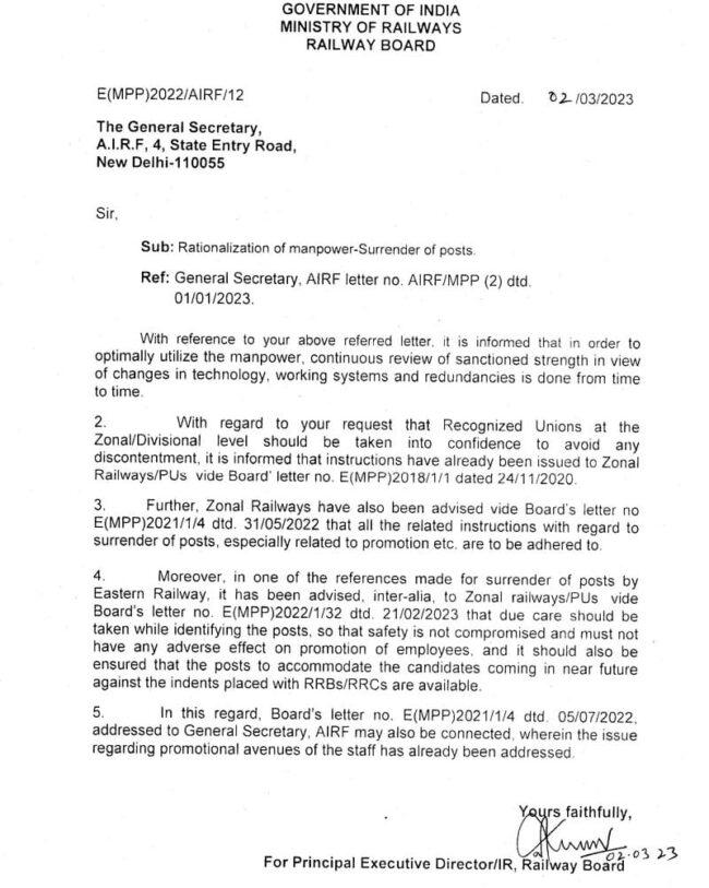 Rationalization of manpower-Surrender of posts: Clarification by Railway Board | StaffNews
