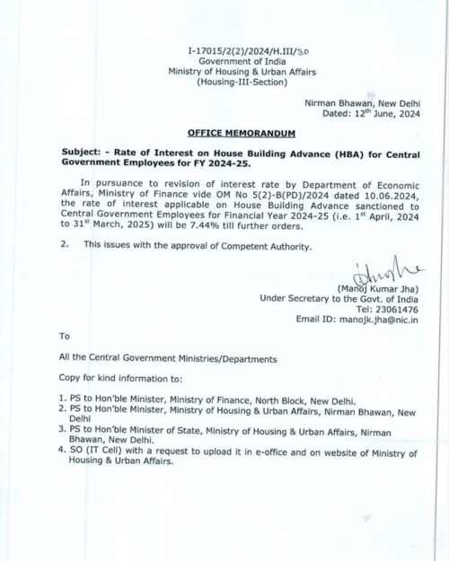 Rate of Interest on House Building Advance (HBA) for FY 2024-25 in respect of Central Government ...
